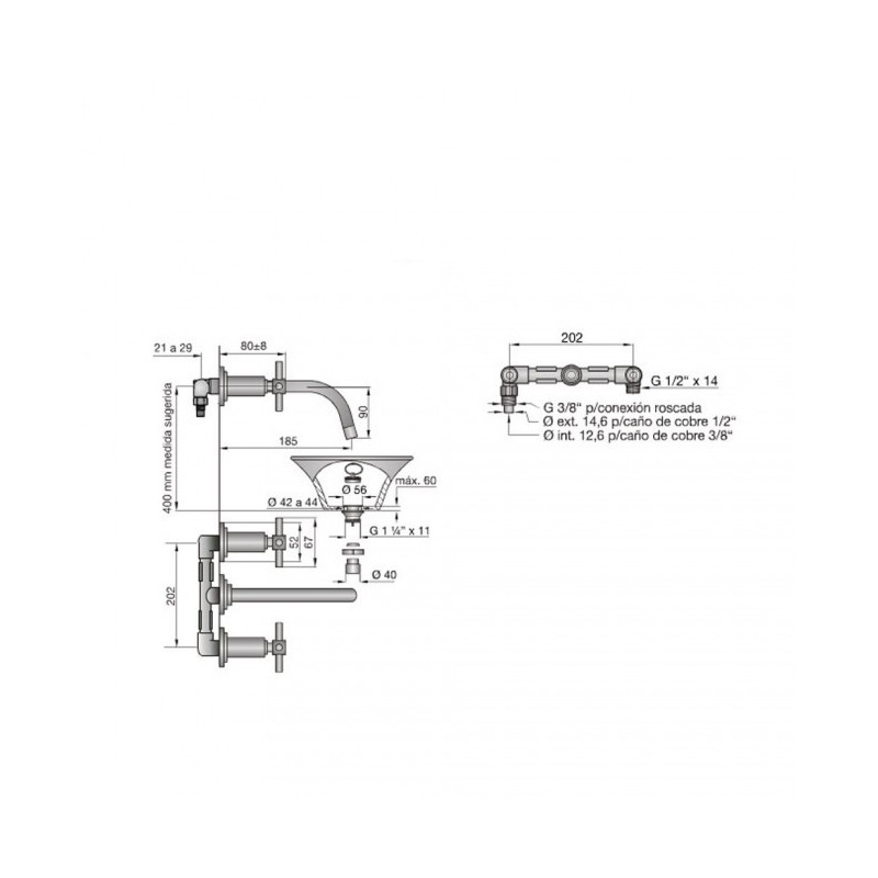 Grifería FV Temple lavatorio pared cromo 203/87
